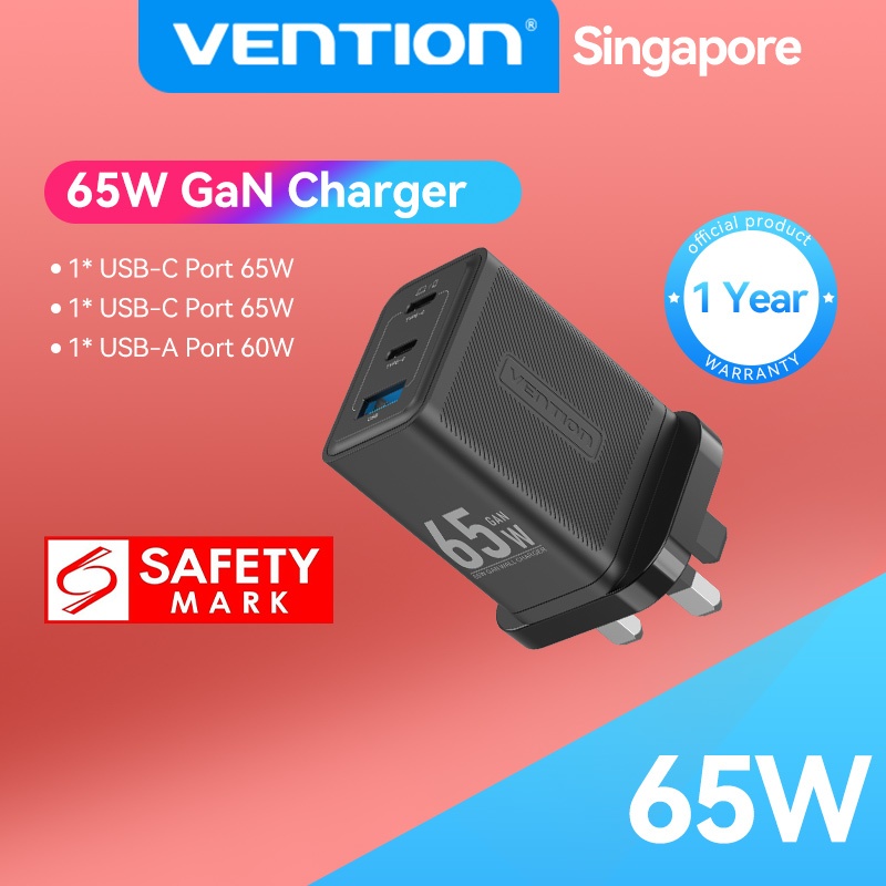 Vention 65W GaN Charger UK Plug 3 Ports Turbo Charging Power Adapter ...