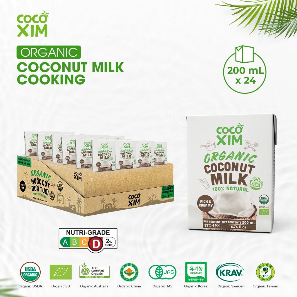 Cocoxim Organic Coconut Milk 17-19% - 200ml x 24 packs (Carton ...
