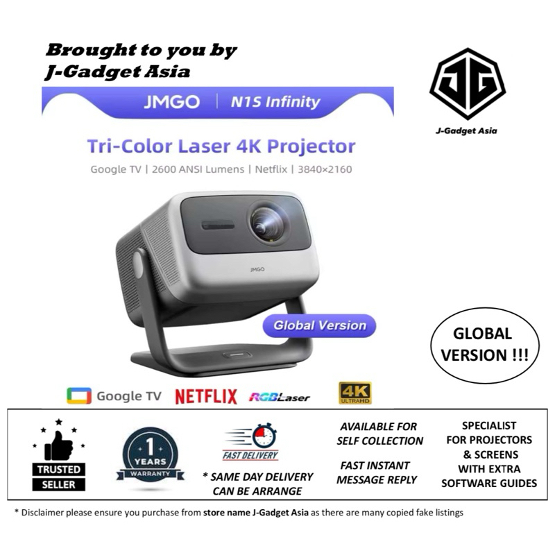 JMGO N1S Infinity Triple Laser 4K Google TV Official Netflix Projector, 2600 ANSI Lumens, 3D (1 ...