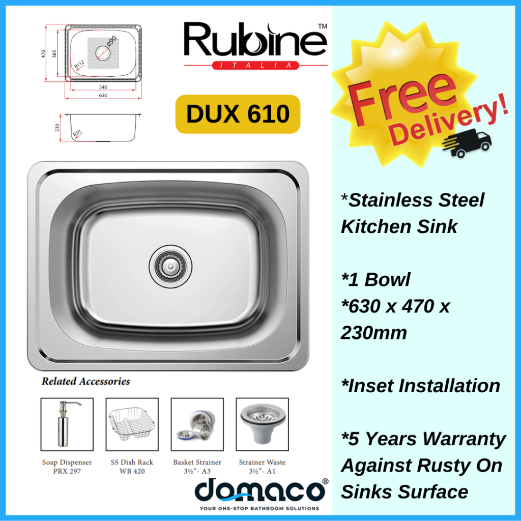 Rubine DUX 610 Inset Single Bowl Kitchen Sink (Stainless Steel ...