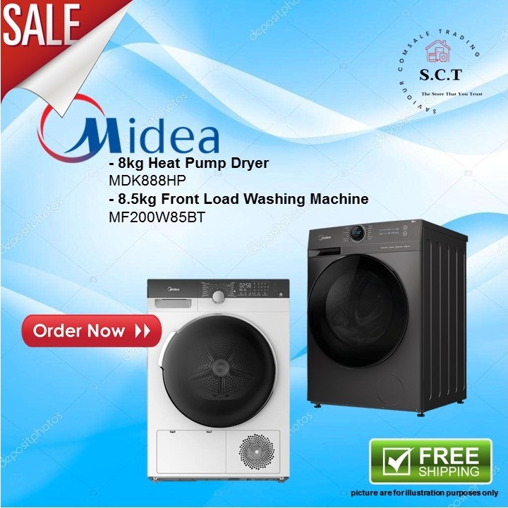 Midea MDK888HP 8kg Heat Pump Dryer + MF200W85BT 8.5kg Front Load ...