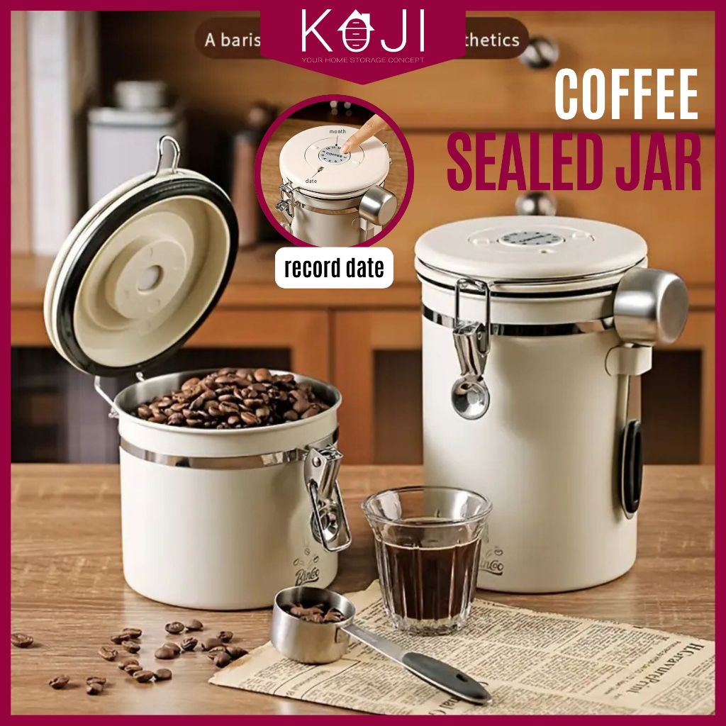 KOJI Coffee Bean Canister Container Pot with Timer Spoon 304 Stainless ...