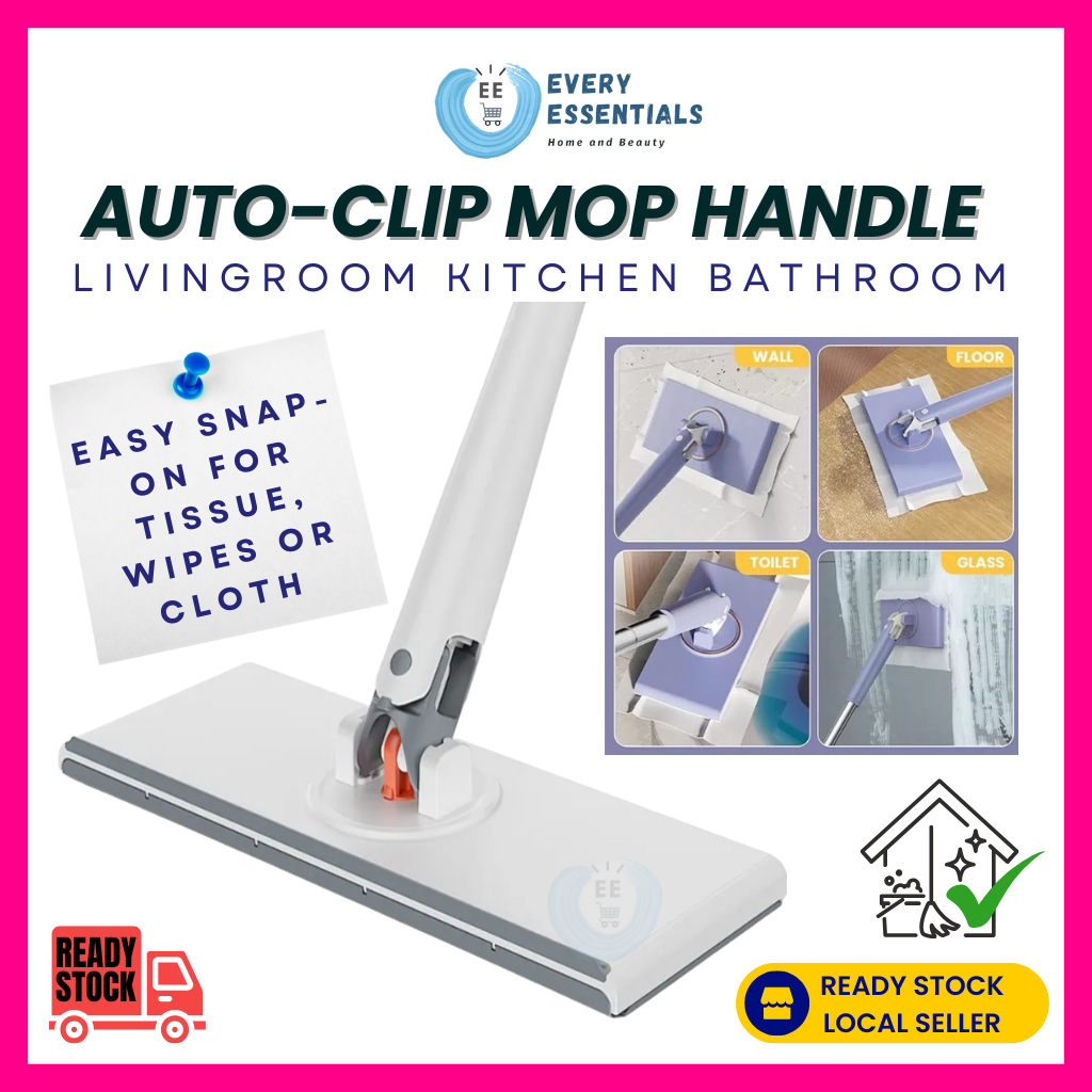 Auto-Clip Mop Handle – Easy Snap-On for Tissue, Wet/Dry Wipes, Cloth ...