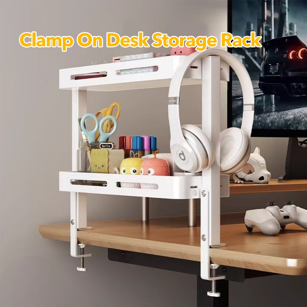 2Layer Desktop Storage Rack Clamp-On Organizer Shelf Office Table ...