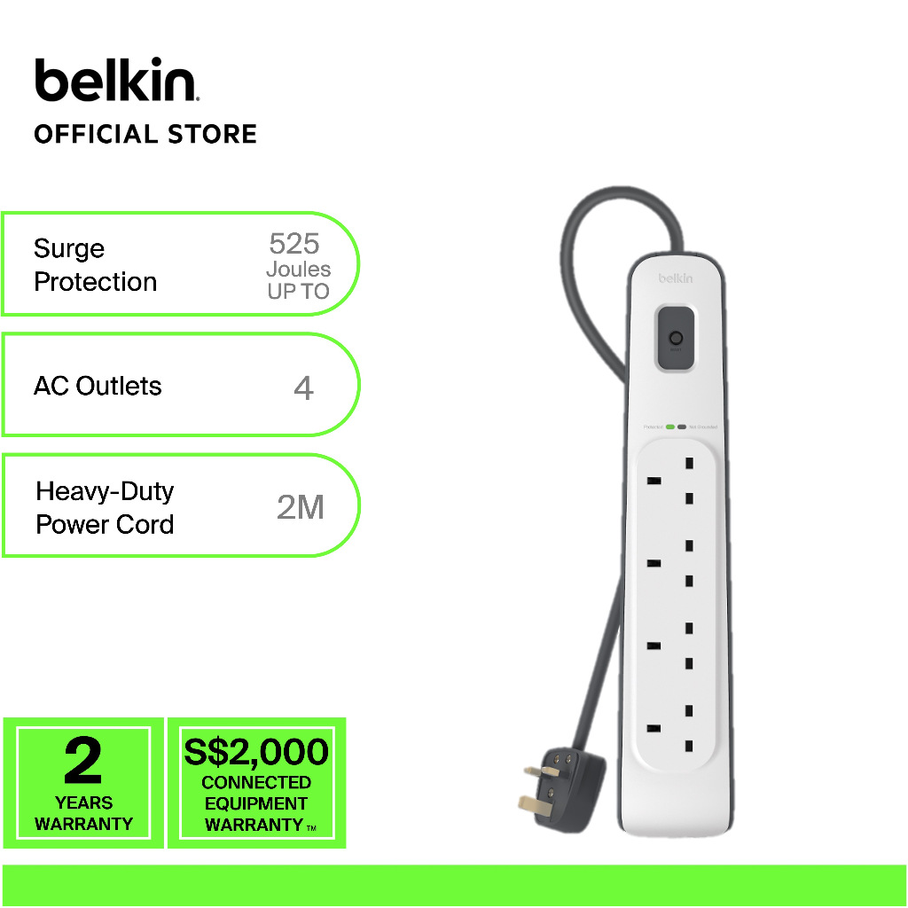 Belkin BSV400af2M-MY 4-Outlet Surge Protection Strip,2M | Shopee Singapore