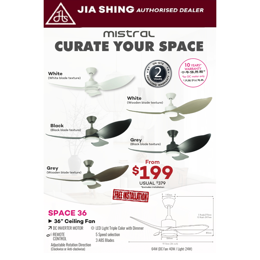 Mistral 36" Dfan Space 36 Ceiling Fan (FREE BASIC NEW INSTALLATION ...