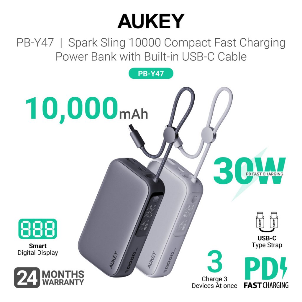 Aukey PB-Y47 Spark Sling 10000mAh 30W Powerbank w Built-in USB-C Cable & Smart Digital Display ...