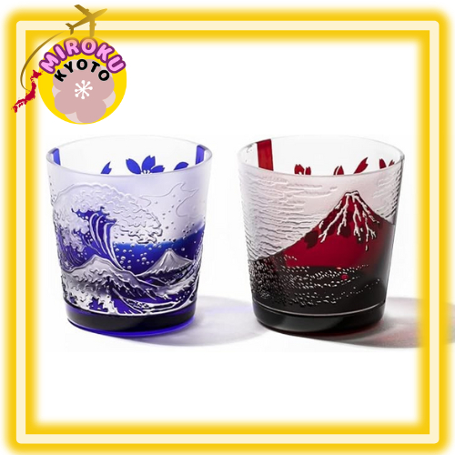 Edo Glass Red Fuji / Wave Fuji with Cherry Blossoms Free Cup Pair in ...
