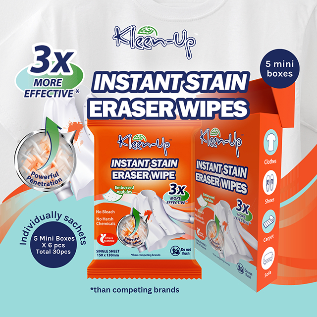 Kleen-Up Instant Stain Eraser Wipes 1 sheet x 6 in a minibox (Total 5 ...