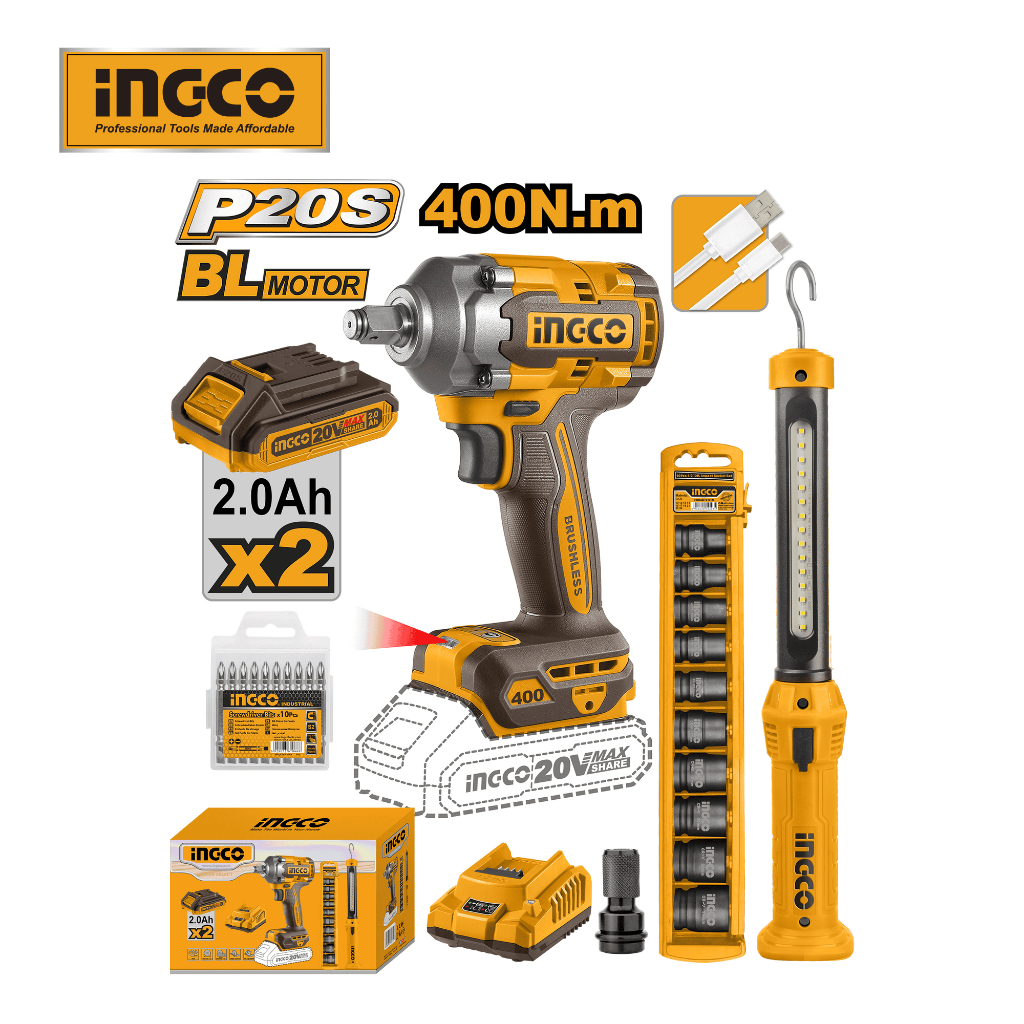 INGCO 20V Cordless 2 pcs combo kit With impact wrench and work lamp ...