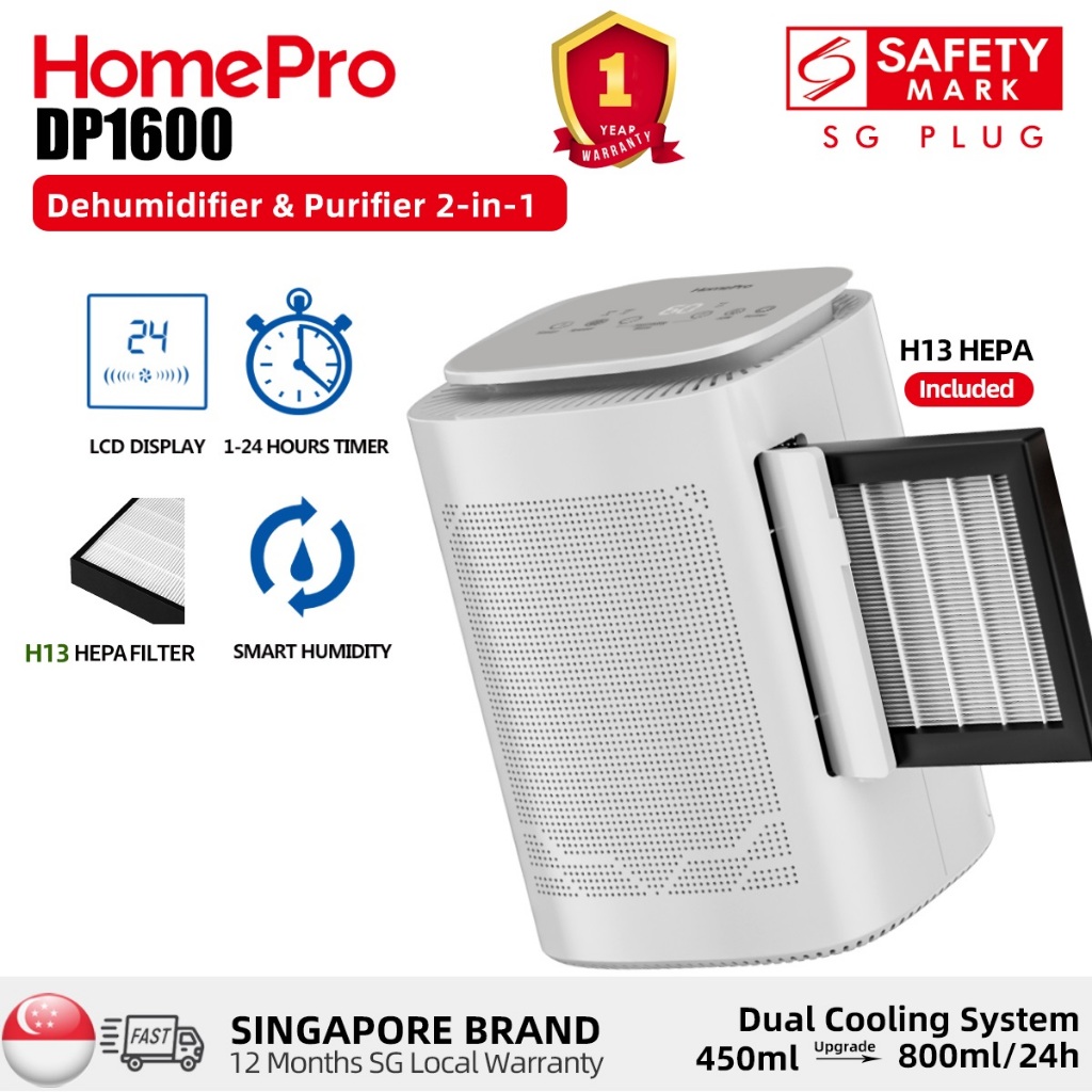 【H13 HEPA Filter】HomePro DP1600|Dehumidifier&Purifier 2-in-1/800ml/D |HEPA Filter|Negative Ion|3 ...