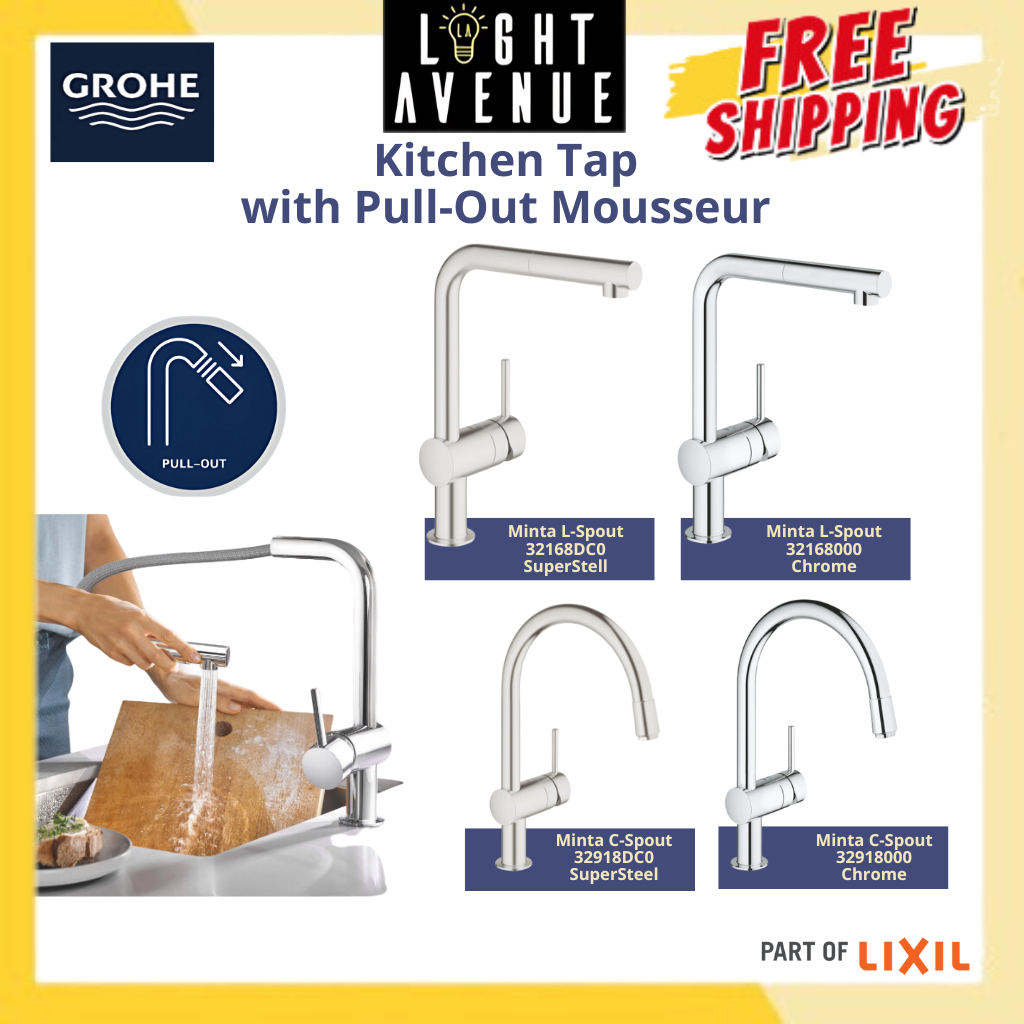 Grohe Kitchen Tap with Pull-Out Mousseur Minta Series SuperSteel ...