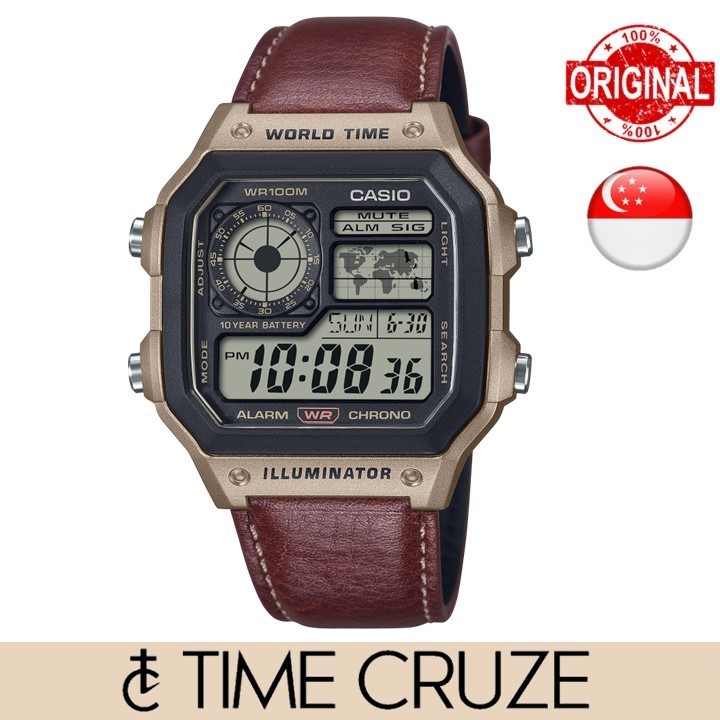 [Time Cruze] Casio AE-1200 Royale World Time Digital Maroon Leather ...