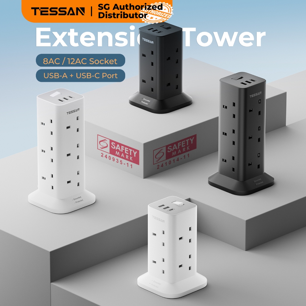 TESSAN - SG Safety Mark Extension Cord Tower With USB & Type C Surge ...