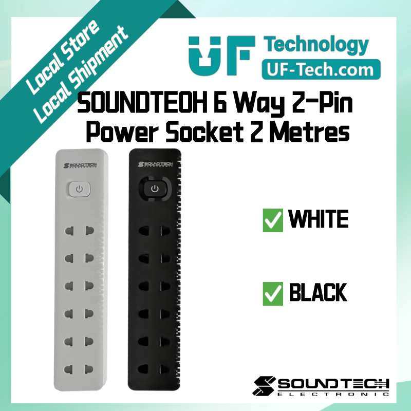 SOUNDTEOH 6 Way 2-Pin Power Socket 2 Metres Black/White PS-62 | Shopee ...