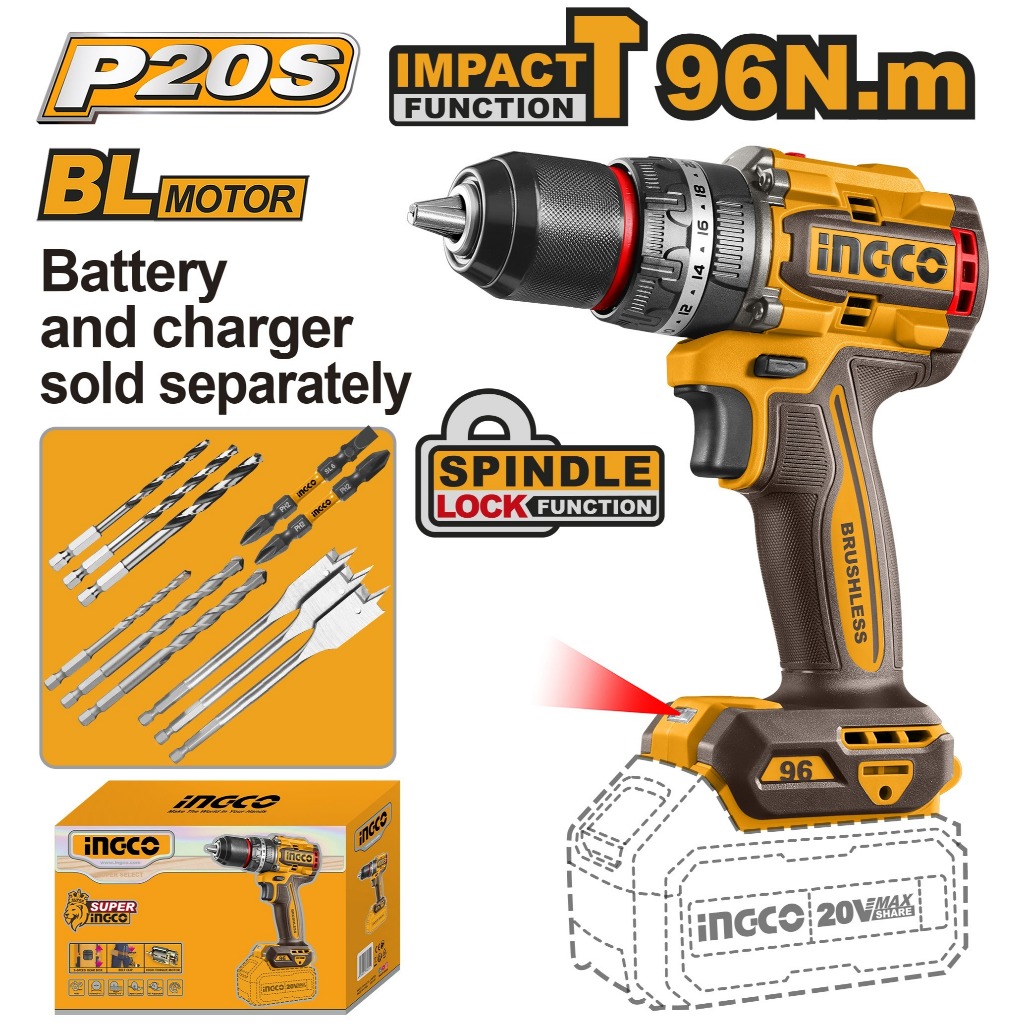 INGCO 20V LI-ION BRUSHLESS IMPACT DRILL 96NM CIDLI20968 | Shopee Singapore