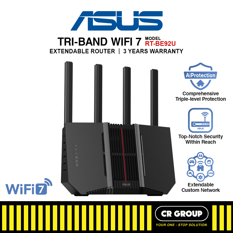 ASUS RT-BE92U Tri Band WiFi 7 Extendable Gaming Router - Up to 9700 Mbps - AiMesh Supported ...