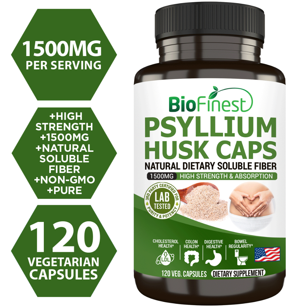 Biofinest Psyllium Husk Capsule Supplement - 1500mg Fiber Digestion Gut ...
