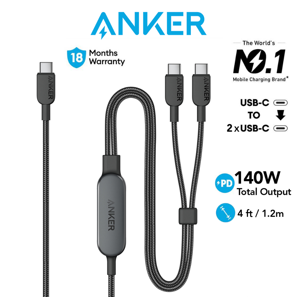 Anker 2 in 1 USB C to USB C Cable (4ft 140W) Braided Fast Charging ...