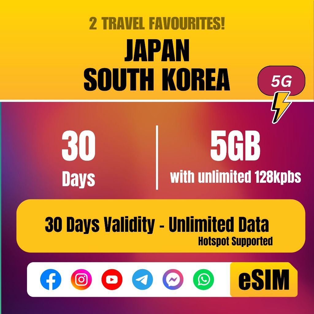 [JAPAN / SOUTH KOREA eSIM] 30 Days Japan, South Korea | 5GB | Unlimited Usage eSIM | Shopee ...