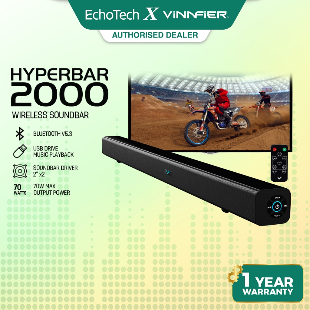 Vinnfier Hyperbar 2000 Wireless Bluetooth TV Soundbar 60W MAX AUX USB ...