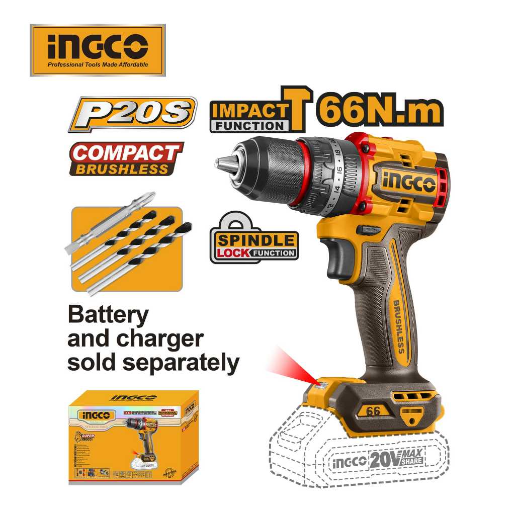 INGCO 20V 66Nm Compact Brushless Cordless 2-speed Impact Drill With ...