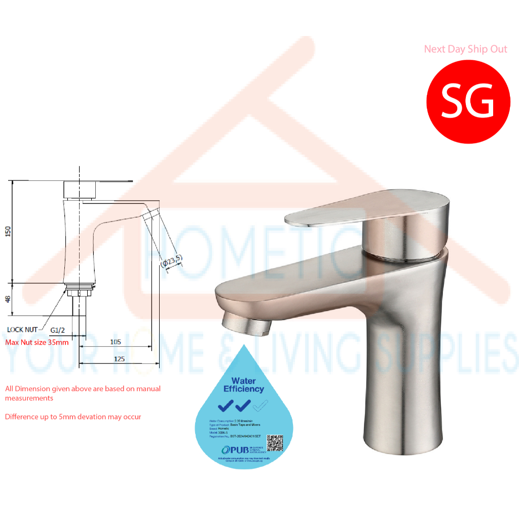 (Excluding hose) Stainless Steel 304 Bathroom Basin Tap Cold Water Only ...