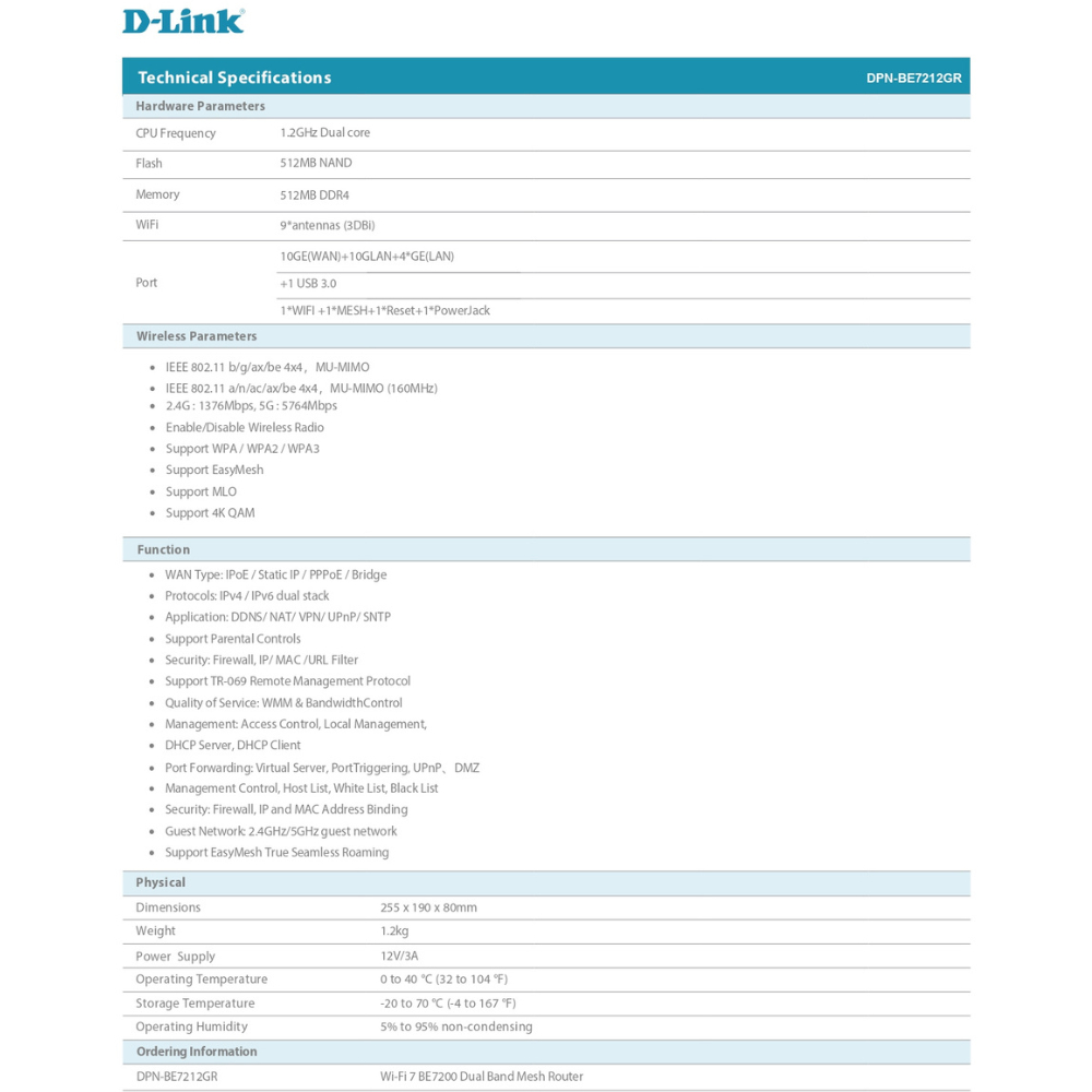 D-Link DPN-BE7212GR Dual Band Wi-Fi 7 10G Mesh Router - BE7200, 802 ...