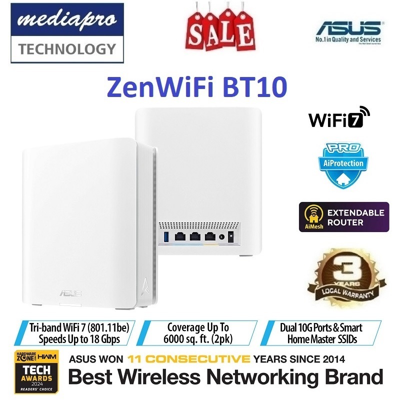 ASUS ZenWiFi BT10 2-Pack Tri-band WiFi 7 Mesh , Dual 10G Ports, Security and Parental Controls ...