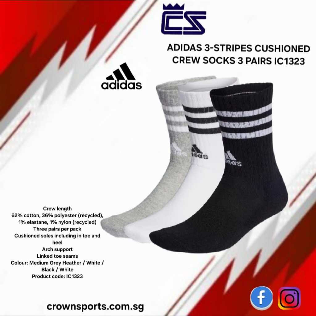 ADIDAS 3-STRIPES CUSHIONED CREW SOCKS 3 PAIRS IC1323 | Shopee Singapore