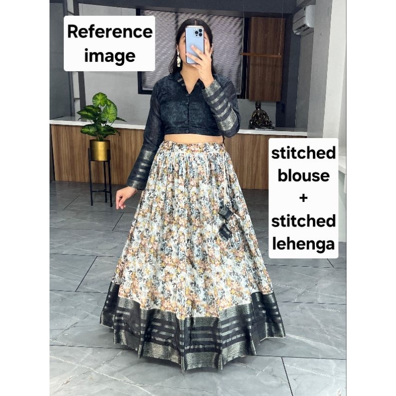 (L) Printed soft silk V-neck Collar top Lehenga choli set Lehenga with ...