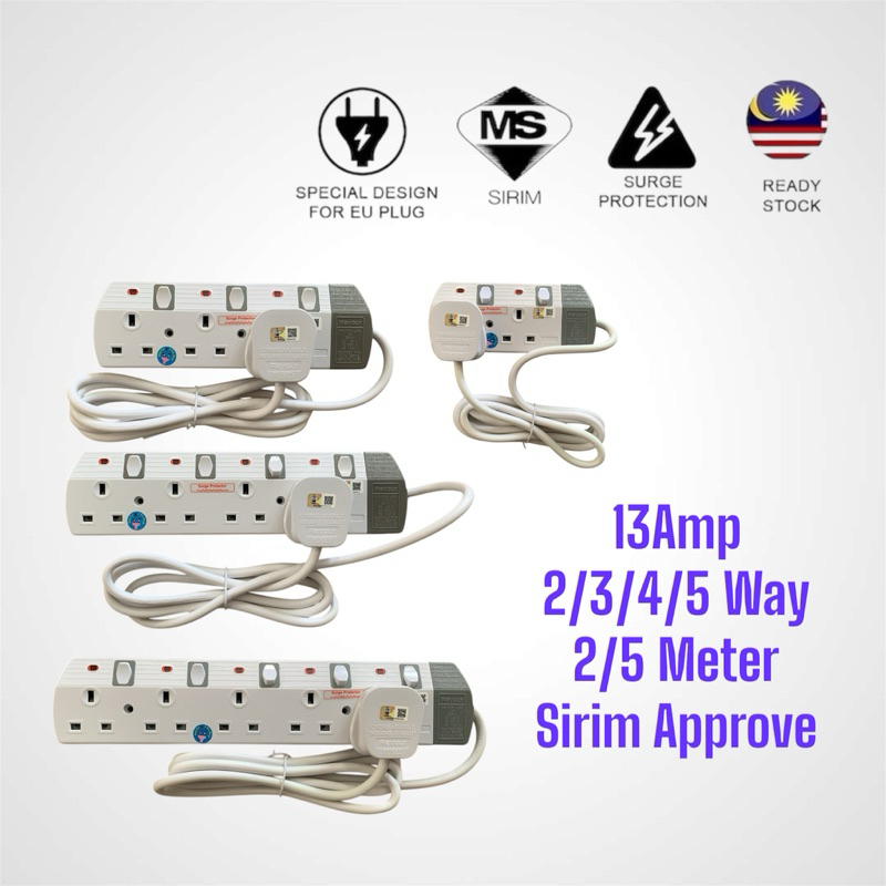 2 / 3 / 4 / 5 Gang SIRIM 5M/2M Extension Cord Trailing Socket Universal Socket Multi Plug ...