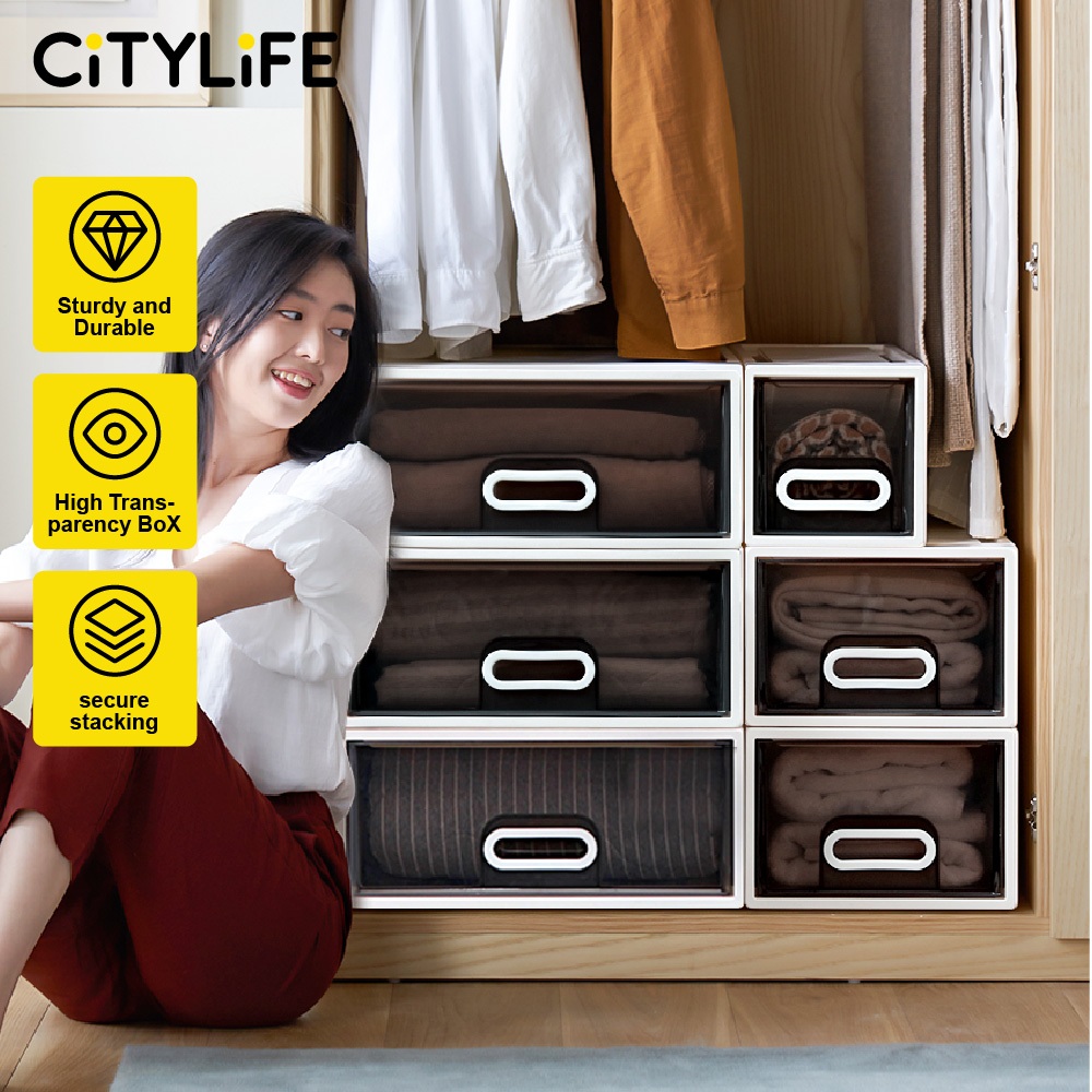 Citylife 25L Stackable Storage Drawer Plastic Container box Home Organizer Drawer Plastic ...