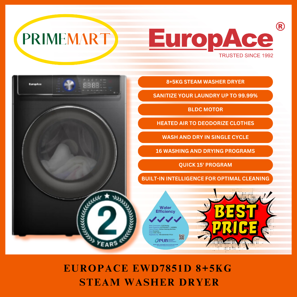 EUROPACE EWD7851D 8+5KG STEAM WASHER DRYER + 2 YEARS WARRANTY | Shopee ...