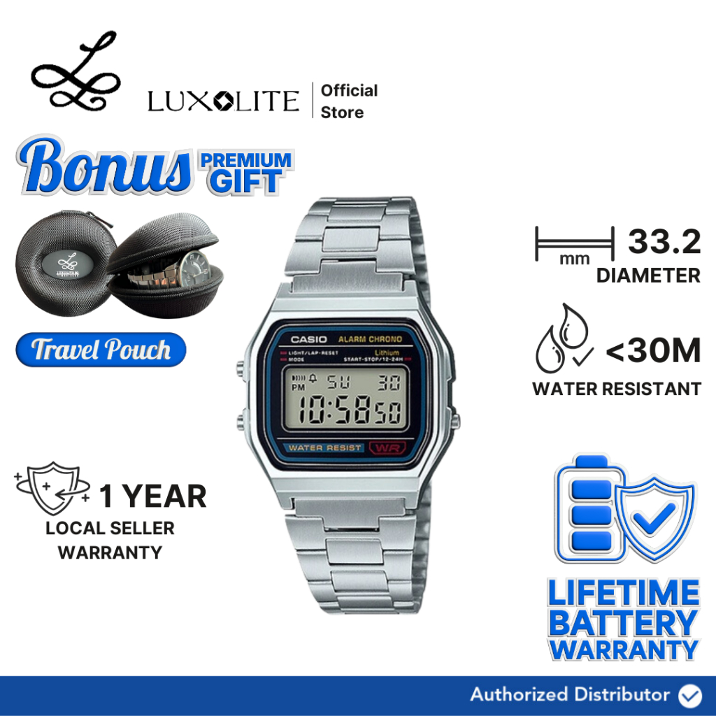 [Luxolite] Casio A158 Vintage Stainless Steel Adjustable Strap Digital Quartz Watch A158WA-1DF ...