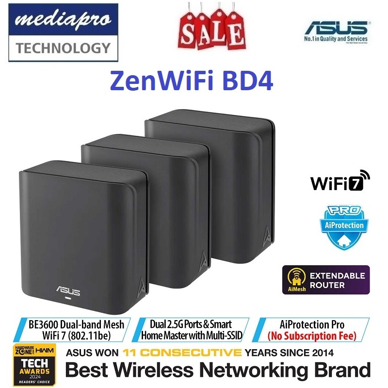 ASUS ZenWiFi BD4 3-Pack Dual-band WiFi 7 Mesh, 3600 Mbps, 6500 sq.ft ...