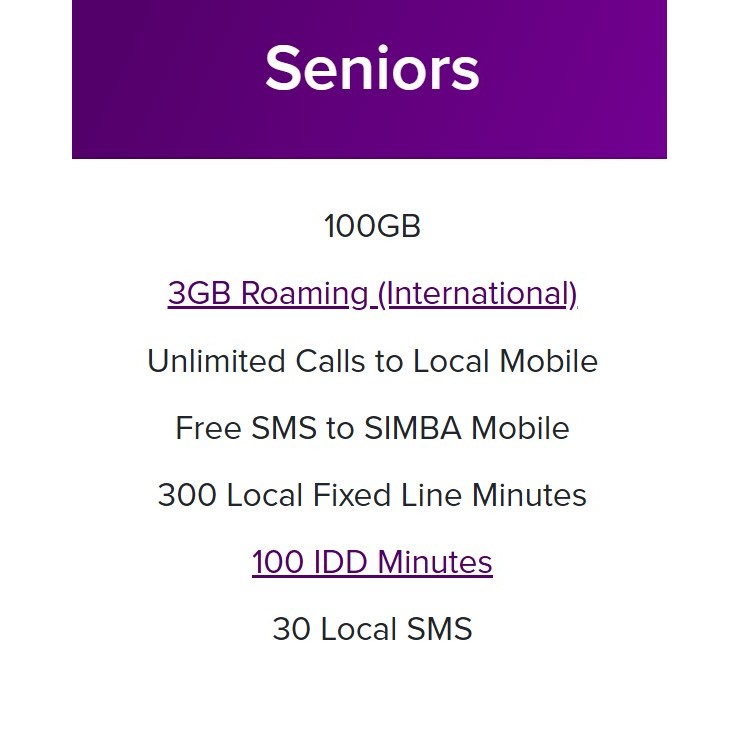 SIMBA Renew 100GB Senior Plan / Super IDD Pack / Main Wallet $5 Top Up ...
