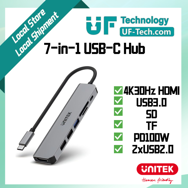 UNITEK uHUB S7+ 7-in-1 USB-C 5Gbps Hub with 4K30Hz HDMI and 100W PD ...