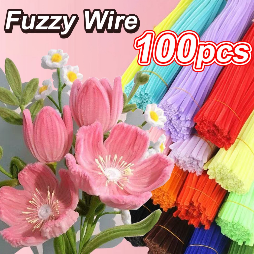 100PCS Fuzzy Wire Pipe Cleaner Flower DIY Bouquet Chenille Stem Twist ...