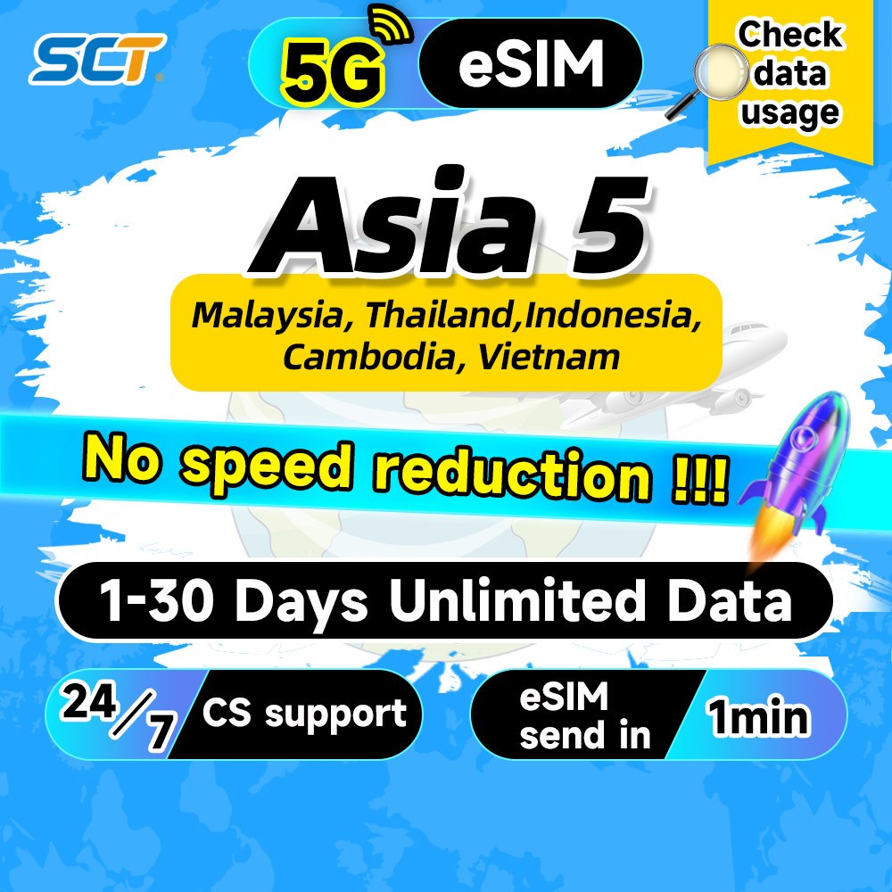 Wefly Asia 5 Countries eSIM 1-30 Days 5G Unlimited Data Malaysia Thailand Indonesia Cambodia ...