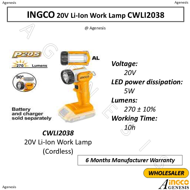 INGCO 20V Li-Ion Work Lamp CWLI2038 | Shopee Singapore