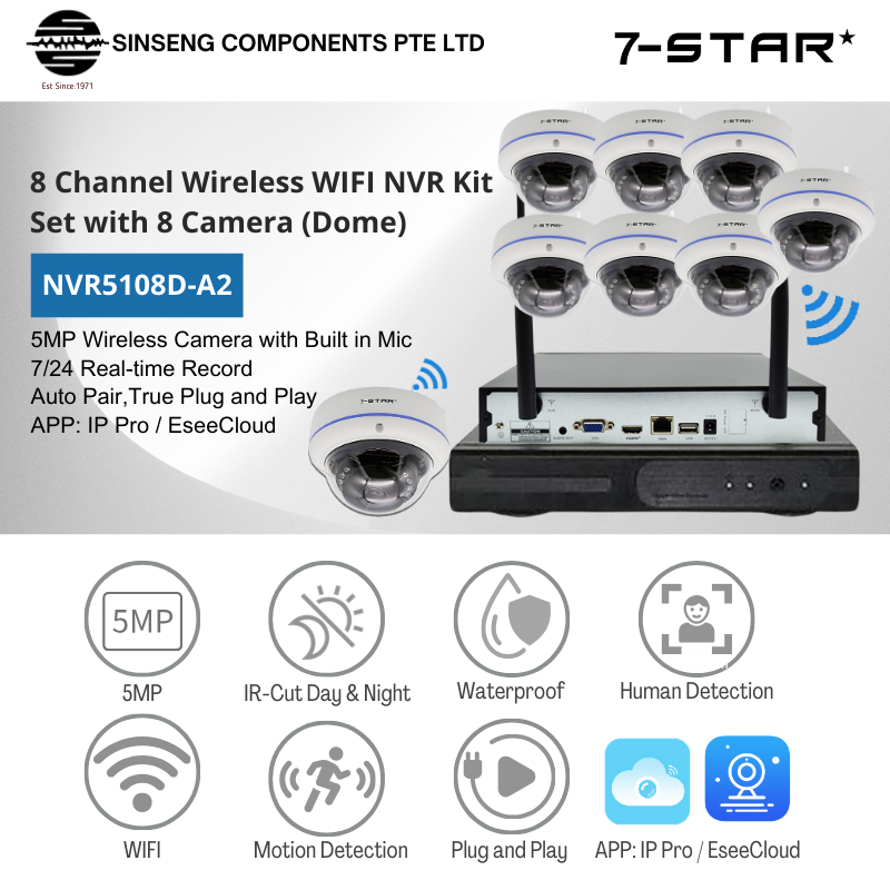 7-STAR* 5MP Wireless 8CH NVR Kit Set with Built in Mic (Dome 2.8mm Lens ...