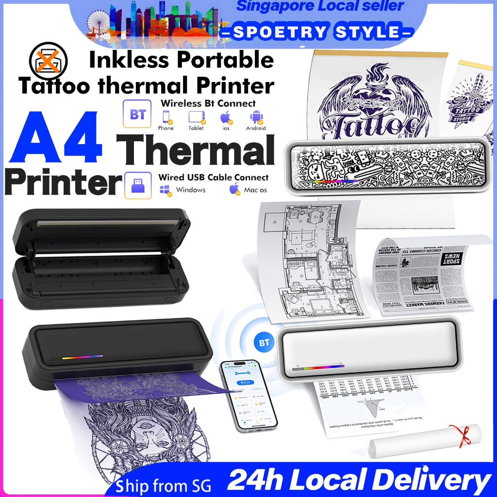 【SG】A4 Printer Portable 2500mAh Wireless Bluetooth Inkless Thermal A4 Tattoo Stencil Printer for ...