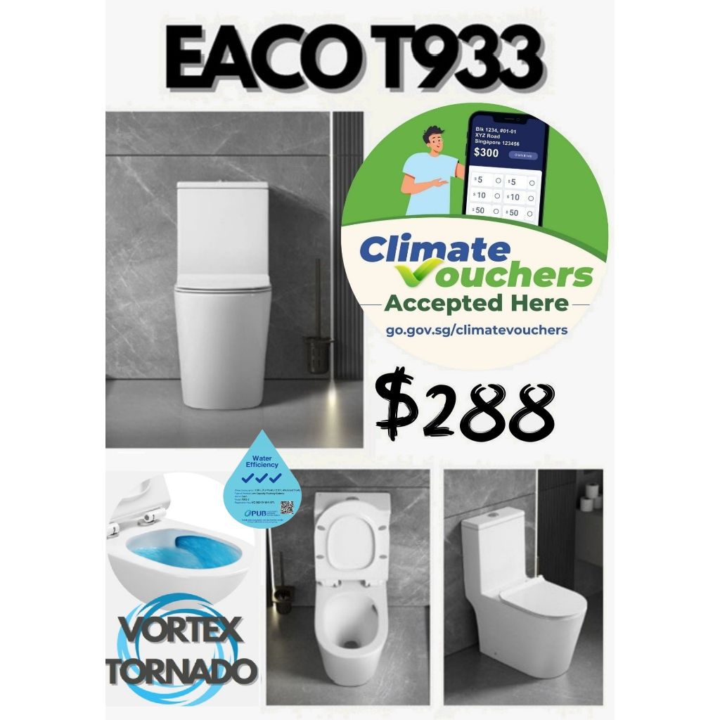 [CLIMATE VOUCHER] FREE INSTALLATION EACO T933 Rimless Toilet Closet (Tornado Flush) | Shopee ...