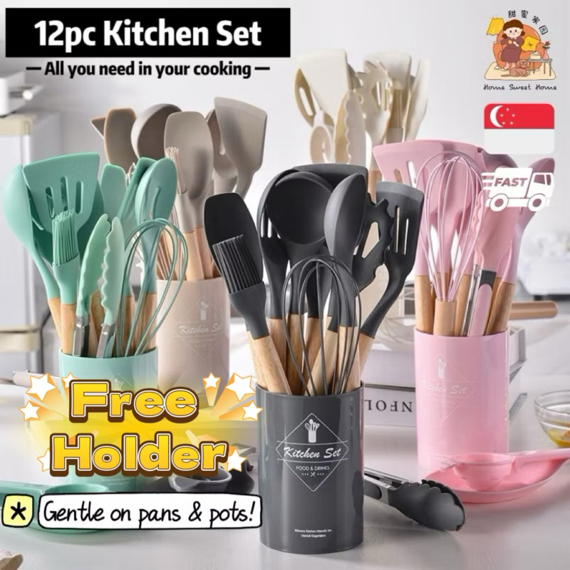 [SG] 12pcs Kitchen Cooking Utensil Set With Holder [ Turner| Tong ...