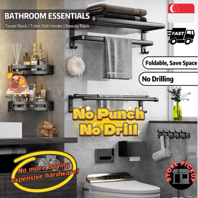 [SG] No Punching No Drill Towel Rack Bathroom Accessories Bathroom Rack ...