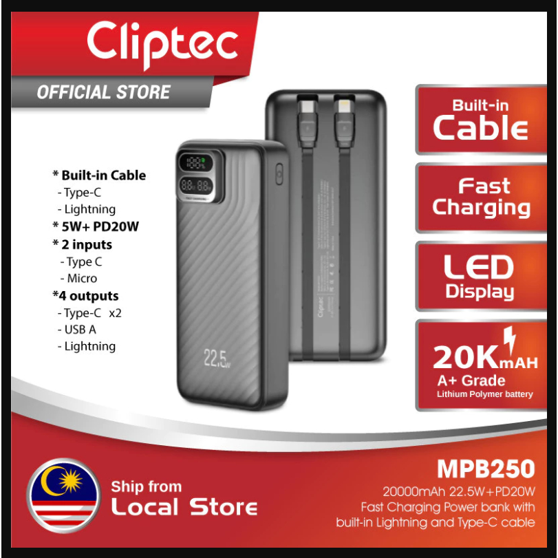 Cliptec MPB250 / MPB260 / 20000mAh 22.5W+PD20W Fast Charging Power bank ...