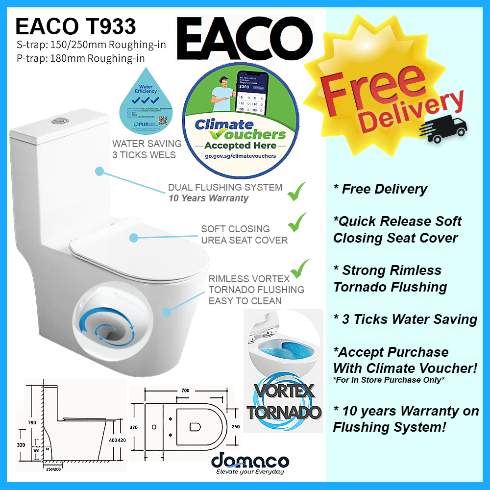 EACO T933 [2024] Rimless / New 2025 Model Tornado Toilet Bowl with Soft Closing Seat Cover ...