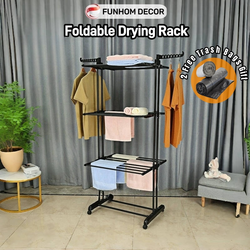 [SG Stock]Foldable Drying Rack With Wheels Korea Style Multifunctional ...