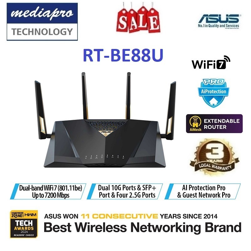 ASUS RT-BE88U Dual-band WiFi 7 BE7200 AiMesh Extendable Performance Router, Dual 10G ports - 3 ...